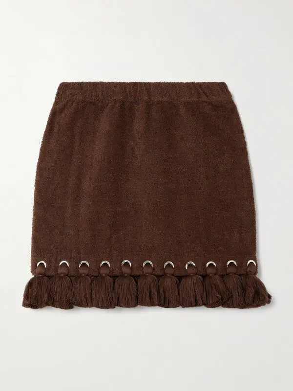 CAP D’ANTIBES Tasseled Eyelet-embellished Cotton-terry Mini Skirt - Brown