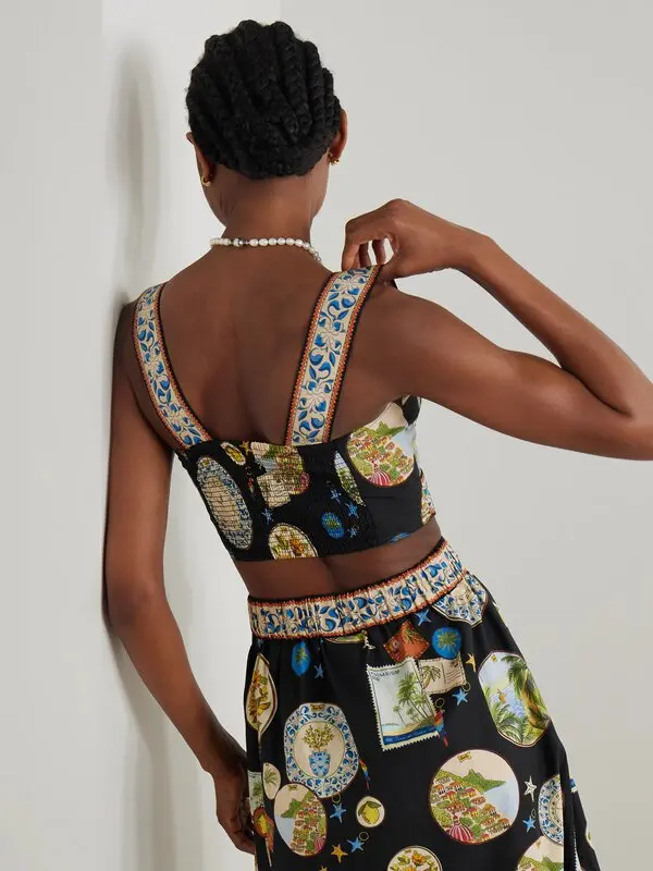 Farm Rio Cropped Printed Cotton Bustier Top
