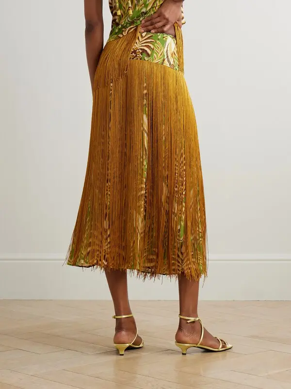 Farm Rio Fringed Printed Satin Midi Skirt