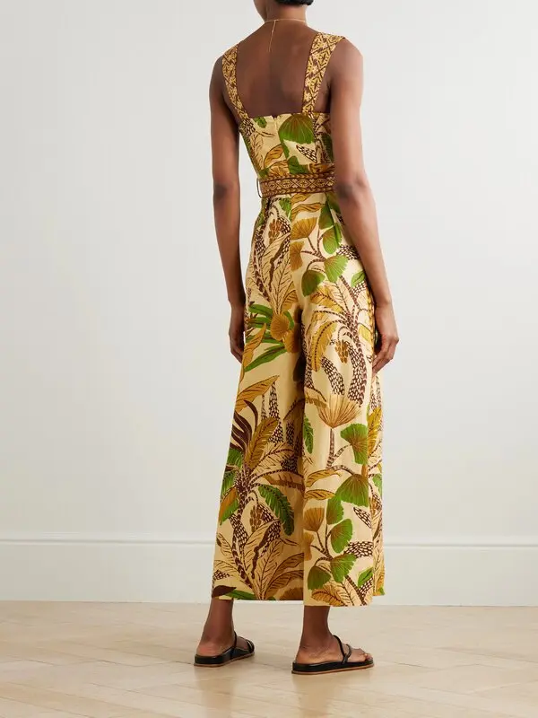 Farm Rio Belted Shirred Printed Linen-blend Jumpsuit
