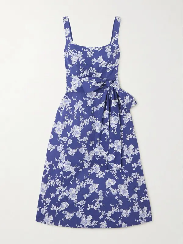 Carolina Herrera Belted Floral-print Faille Midi Dress - Blue