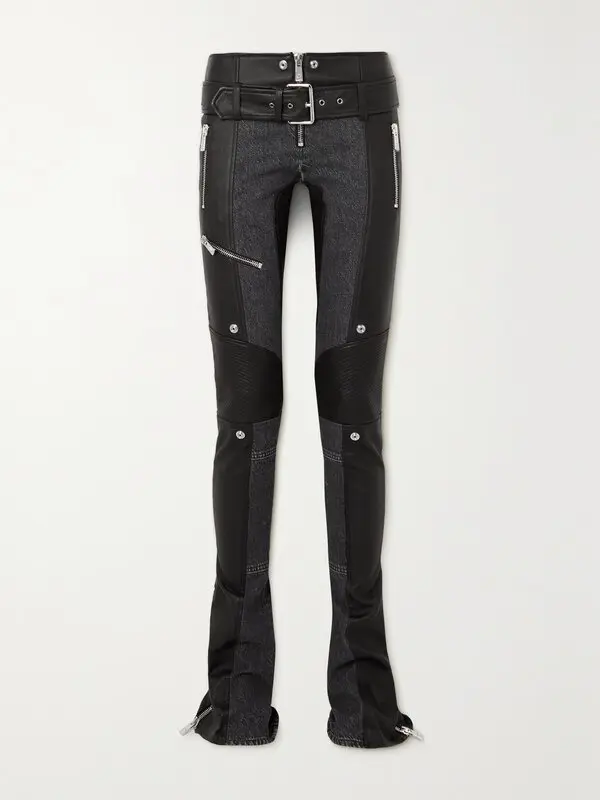 Versace Belted Leather And Denim Flared Pants - Black