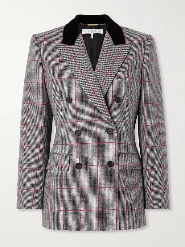 Chloé Double-breasted Checked Wool Blazer With Velvet Trim - Black