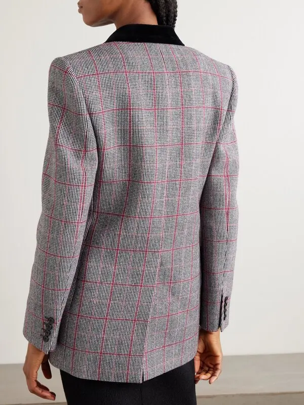 Chloé Double-breasted Checked Wool Blazer With Velvet Trim