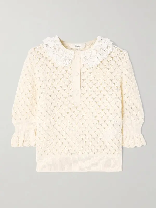 Chloé Lace-trimmed Cotton, Alpaca And Silk-blend Polo Sweater - Neutrals