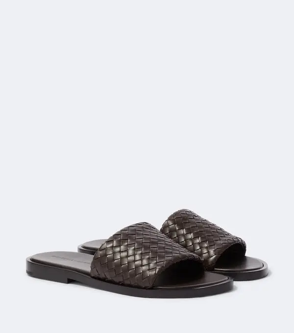 Bottega Veneta Elio Intrecciato Leather Slides - Brown