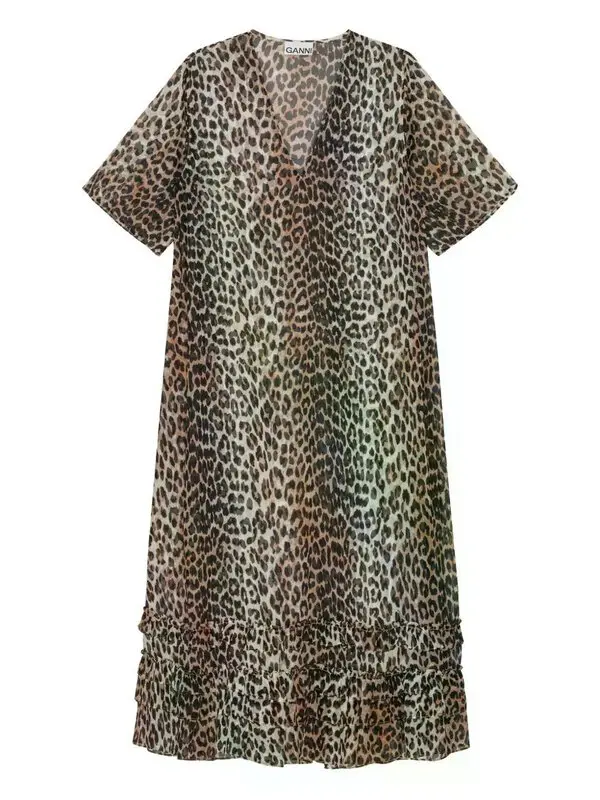 GANNI Leopard-print Ruffled Dress - Neutrals