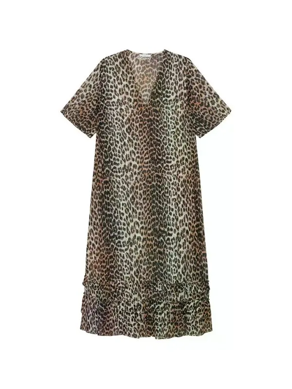 GANNI Leopard-print V-neck Ruffled Dress - Neutrals