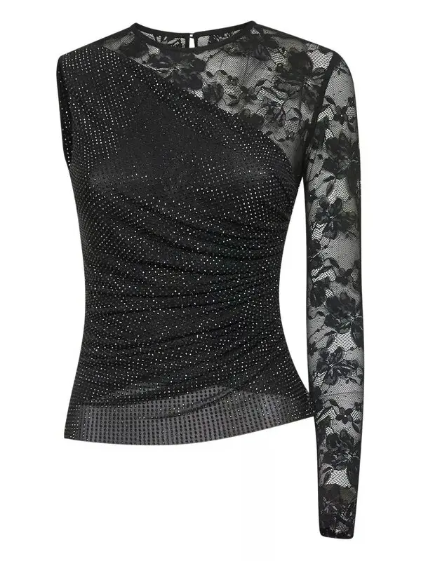SELF-PORTRAIT Embellished Lace Long Sleeve Top - Black