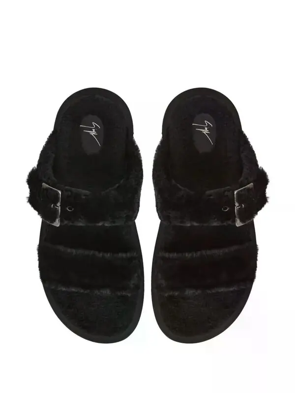 GIUSEPPE ZANOTTI Furry Buckled Sheepskin Slides