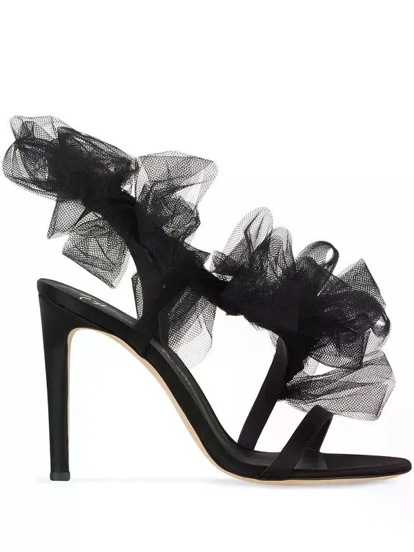 GIUSEPPE ZANOTTI Leather Tulle Trim High Heel Sandals - Black
