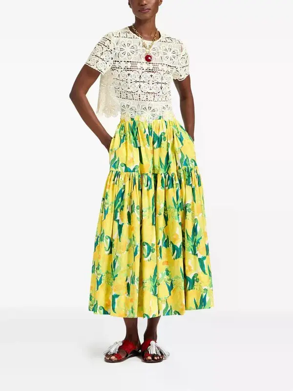 La DoubleJ Floral Print Tiered Midi Skirt - Yellow