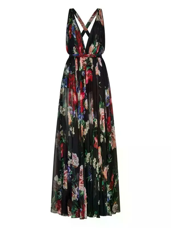 Dolce & Gabbana Floral Print Silk Maxi Dress - Black