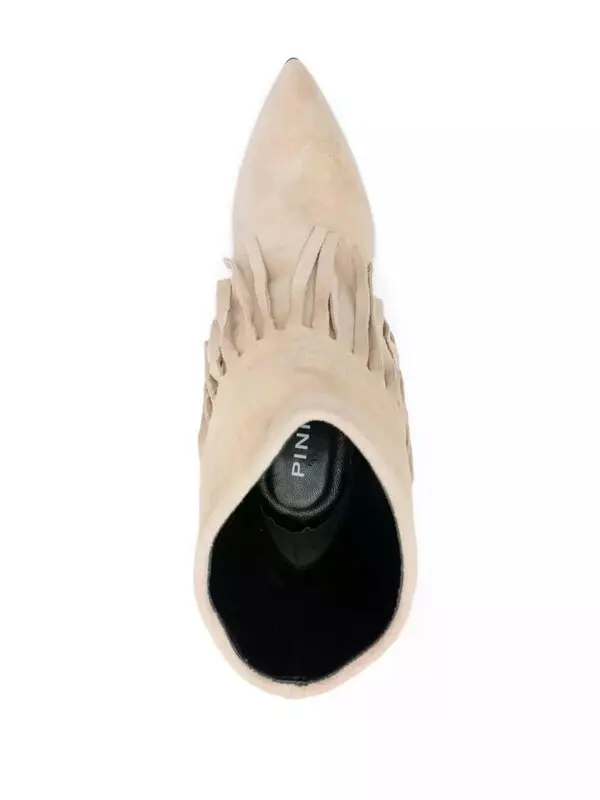 Pinko Beige Calf Leather Ankle Boots With Fringes
