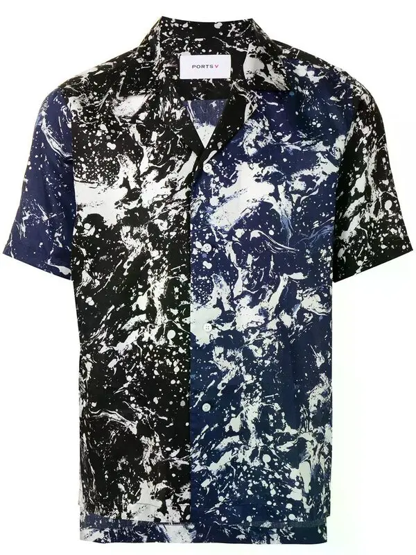 PORTS V Marble Print Short Sleeve Shirt - Blue