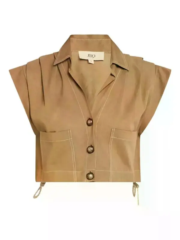 JBQ Button-up Cropped Shirt With Drawstring Hem - Neutrals