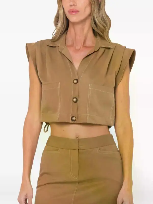JBQ Button-up Cropped Shirt With Drawstring Hem - Neutrals