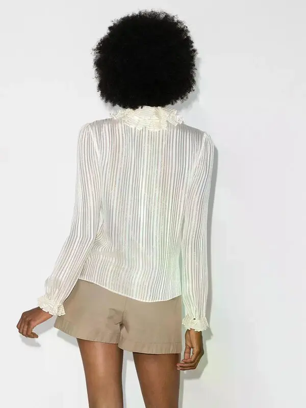 Saint Laurent Ruffled High Neck Striped Silk Blouse