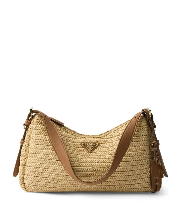 Prada Large Crochet And Leather Shoulder Bag - Neutral