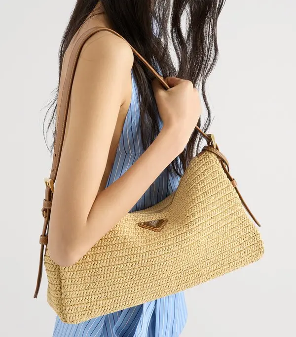 Prada Large Crochet And Leather Shoulder Bag - Neutral