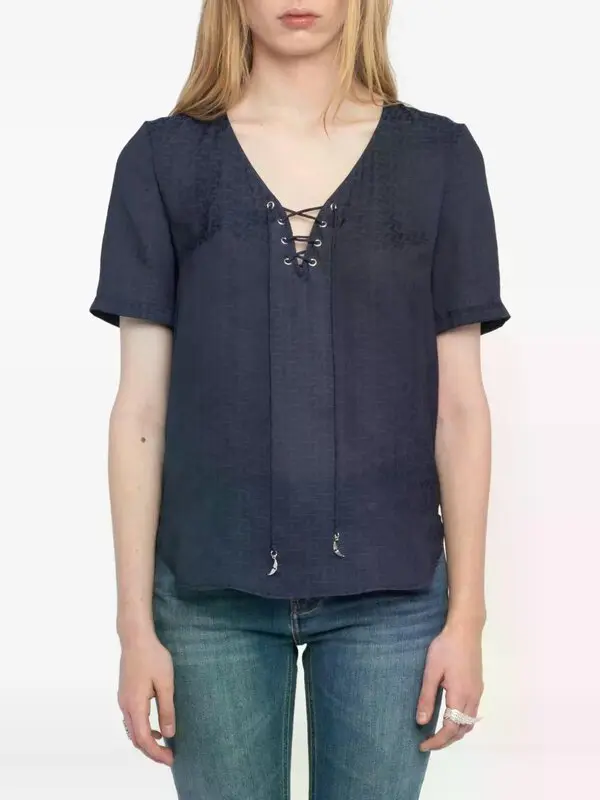 Zadig&Voltaire V-neck Lace-up T-shirt With Textured Finish - Blue