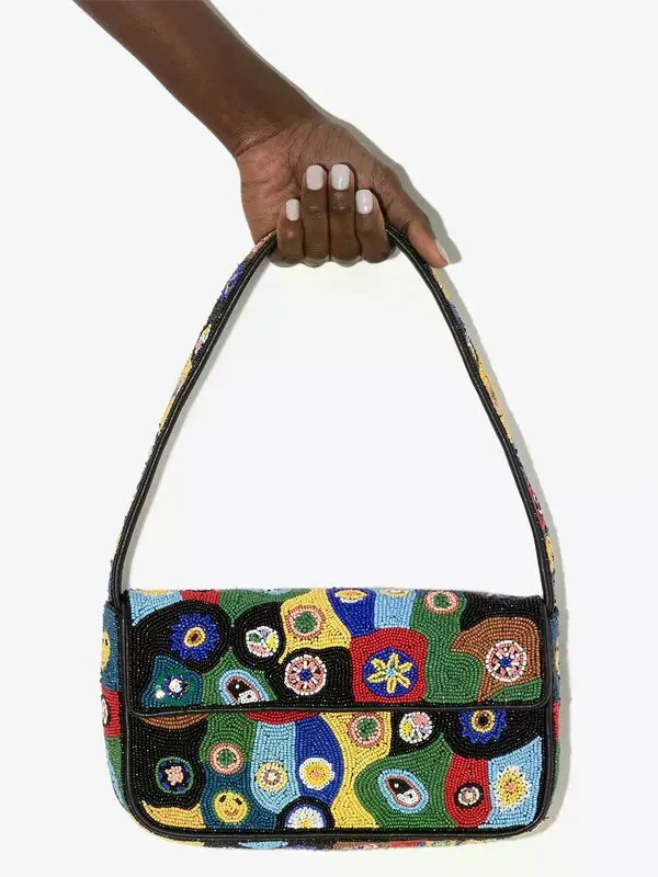 Staud Beaded Shoulder Bag With Foldover Top - Black