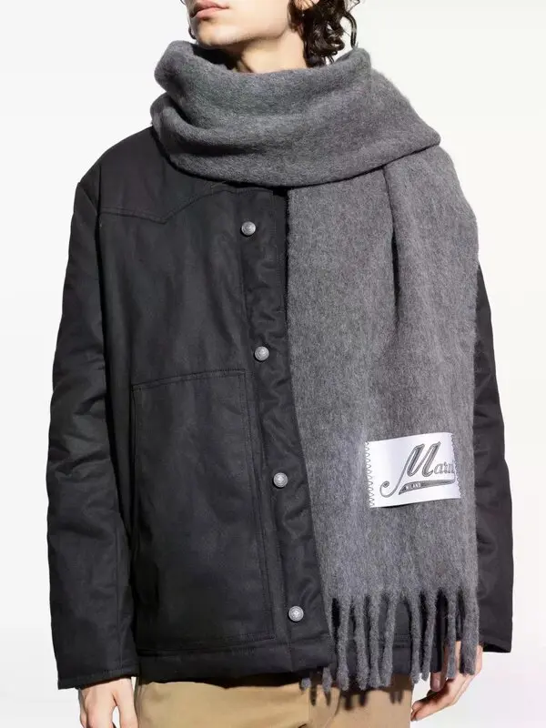 Marni Fringed Logo Scarf - Grey