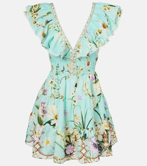 Camilla Embellished Linen Mini Dress - Blue