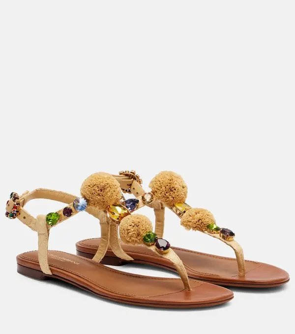 Dolce & Gabbana Embellished Raffia-effect Thong Sandals - Beige