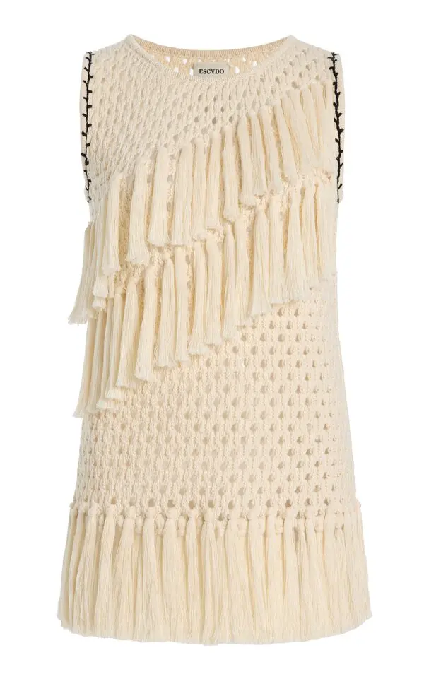 Escvdo Espina Fringed Crocheted Cotton Top - Ivory