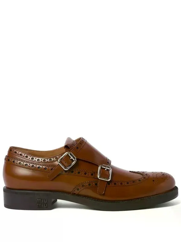Miu Miu Leather Brogue Monk Strap Shoes - Brown