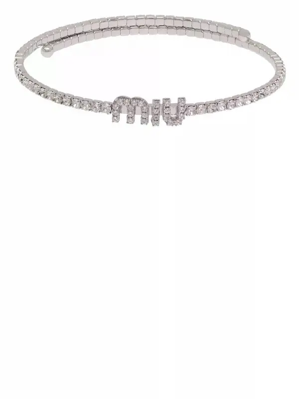 Miu Miu Crystal Embellished Logo Necklace - Silver