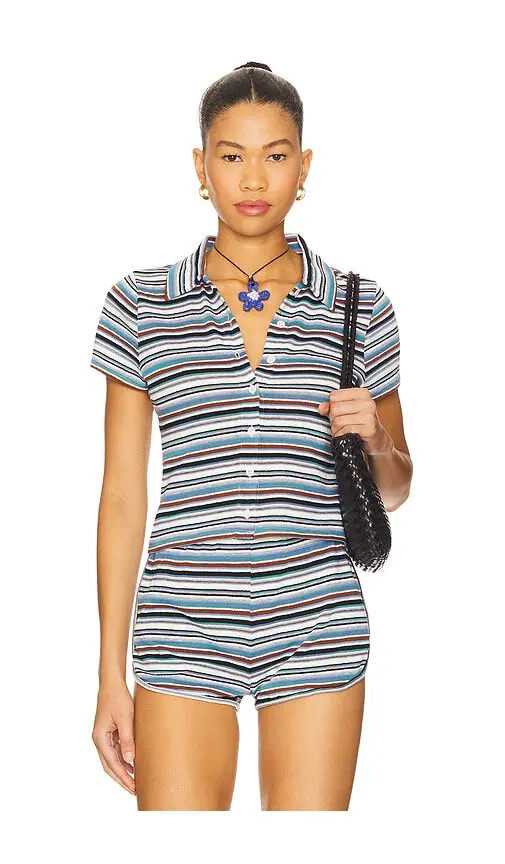 LOVERS AND FRIENDS Lorraine Striped Knit Button-up Top - Blue