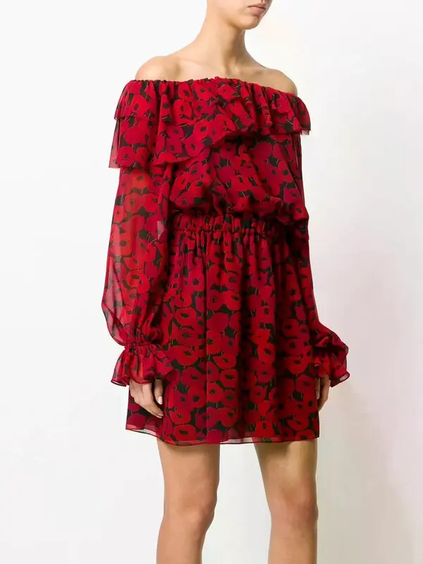 Saint Laurent Poppy Print Off-shoulder Silk Dress