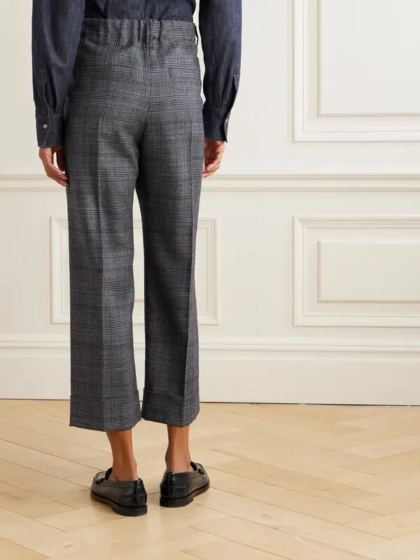 Brunello Cucinelli Prince Of Wales Checked Wool Wide-leg Cropped Trousers With Embellished Waistband