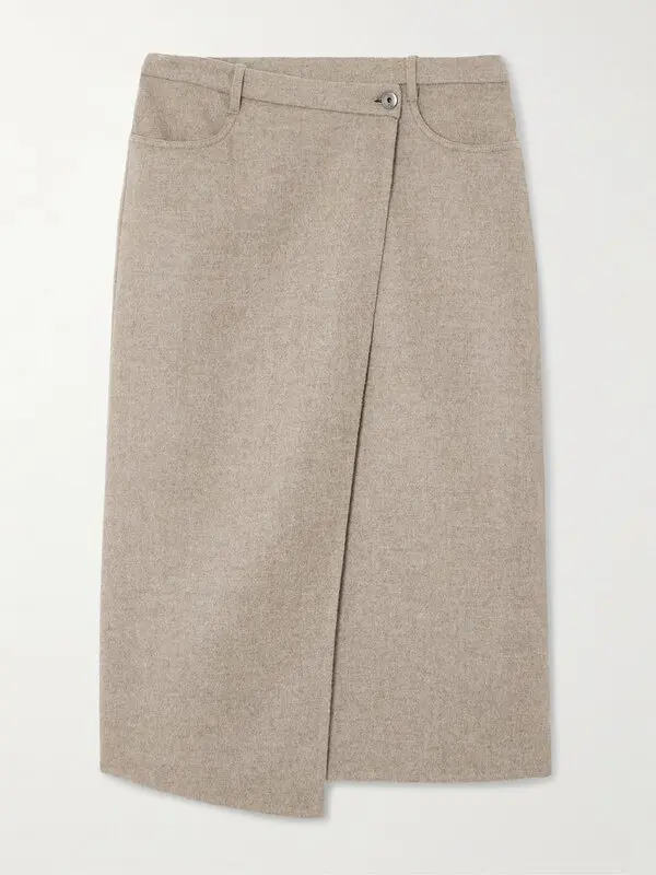 Brunello Cucinelli Asymmetric Brushed-wool Midi Wrap Skirt - Neutrals
