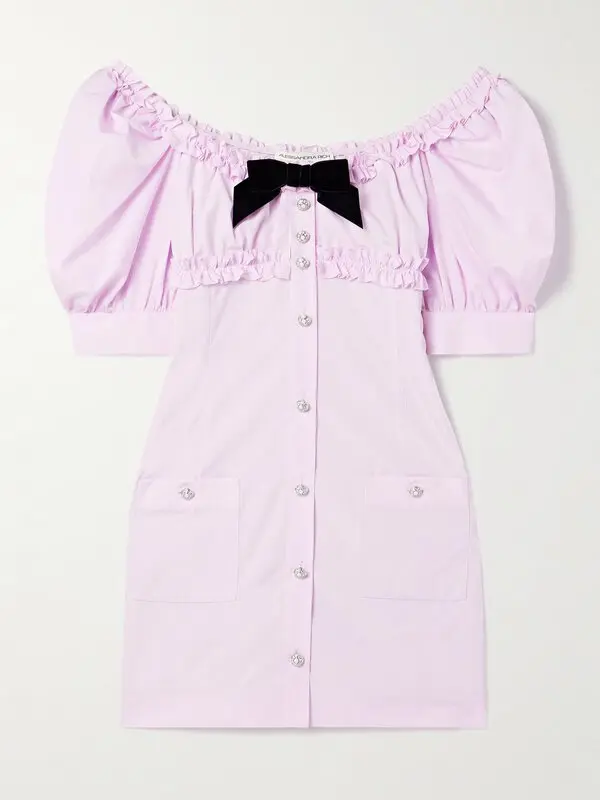 Alessandra Rich Velvet-trimmed Ruffled Cotton-poplin Mini Dress - Pink