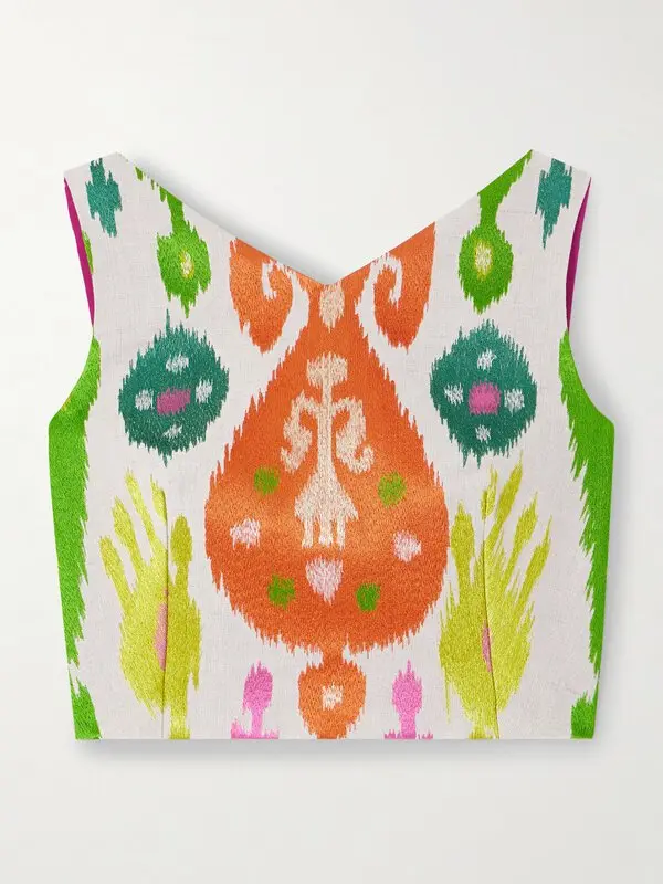 MARTA FERRI Santorini Cropped Embroidered Woven Top - Multi