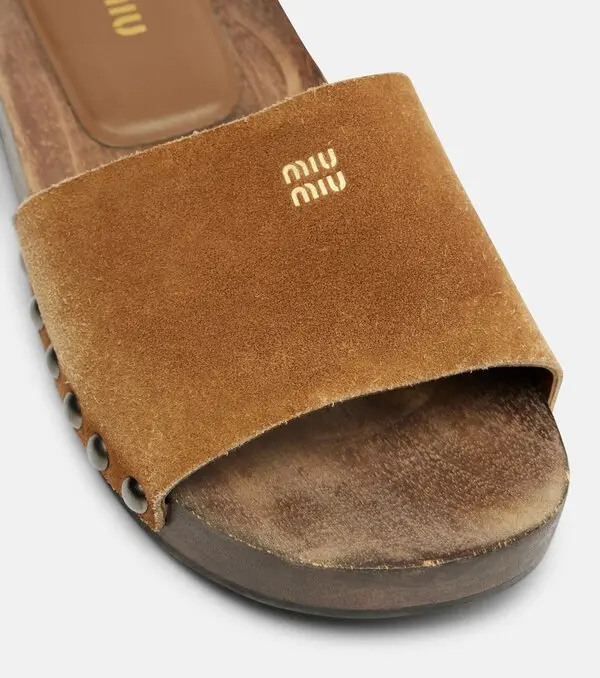 Miu Miu Logo Faded Suede Mules - Brown