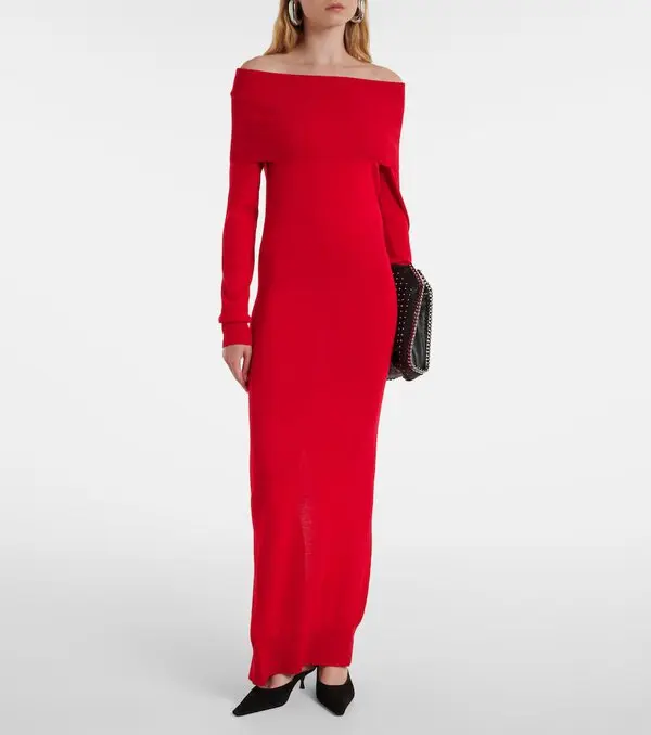 Stella McCartney Off-shoulder Maxi Dress In Lipstick Virgin Wool