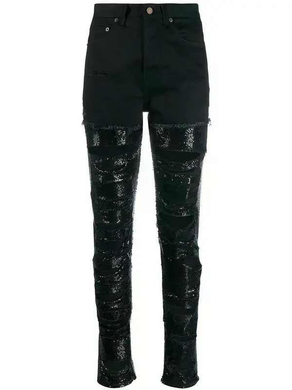 Saint Laurent Sequin Embellished Ripped Skinny Jeans - Black