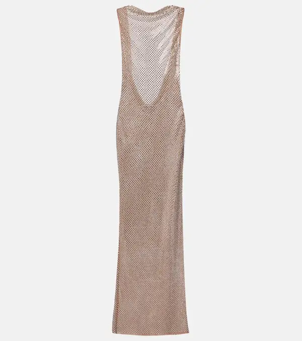 SELF-PORTRAIT Rhinestone Draped Maxi Dress - Silver