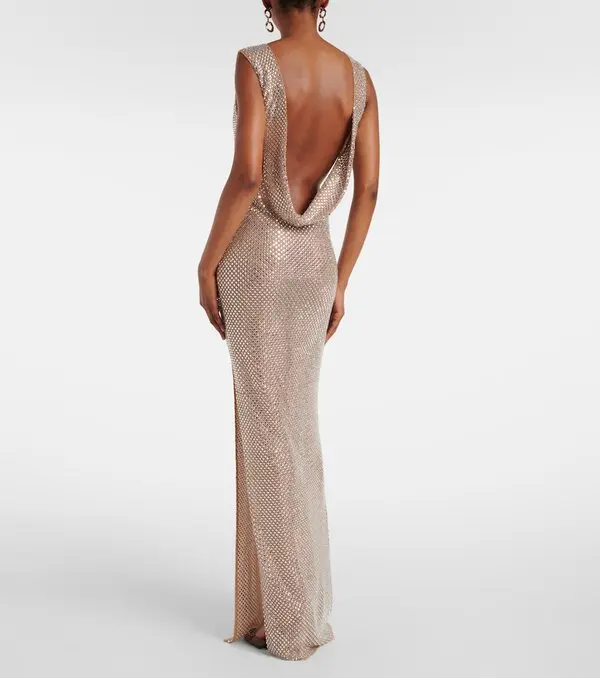 SELF-PORTRAIT Rhinestone Draped Open-back Maxi Dress