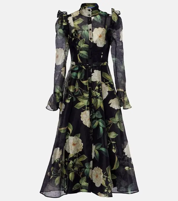 LEO LIN Katrina Floral Linen-blend Midi Dress - Black