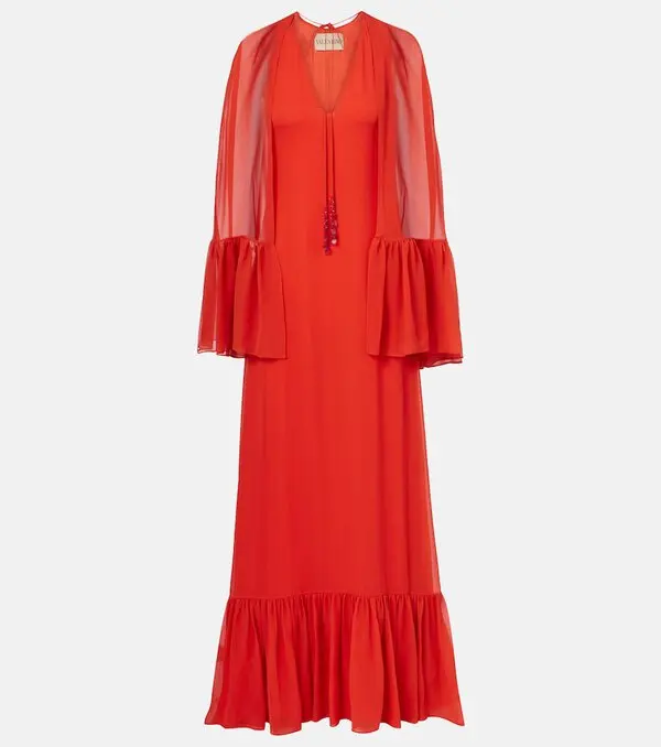 Valentino Garavani Cape Silk Georgette Maxi Dress - Orange