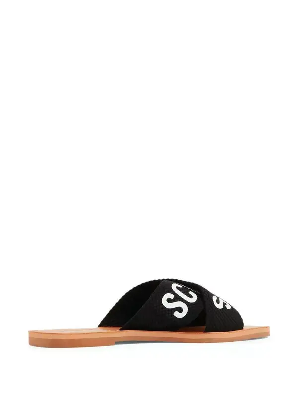 Schutz Logo Print Flat Leather Slides - Black