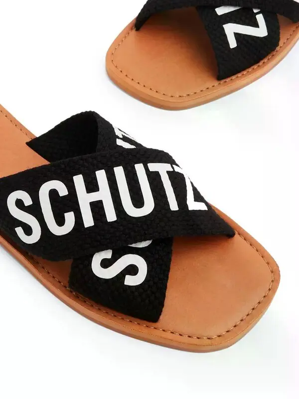Schutz Logo Print Flat Leather Slides - Black