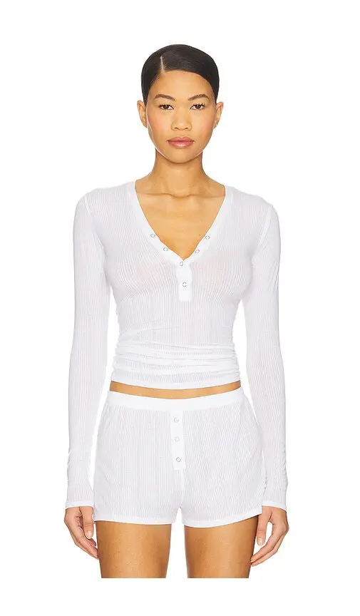 NEGATIVE UNDERWEAR Whipped Henley With Partial Front Snap Button Closure - White