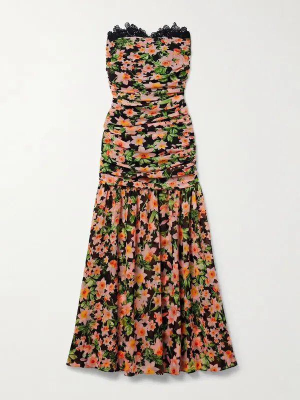KIKA VARGAS Viola Floral Print Chiffon Midi Dress With Lace Trim - Multi