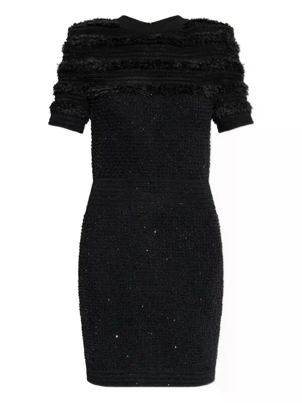 Balmain Textured Sequin Embellished Short Sleeve Dress